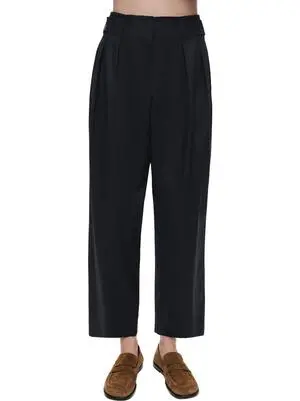 NOCTURNE Pleated Tapered Crop Trousers - Navy Blue