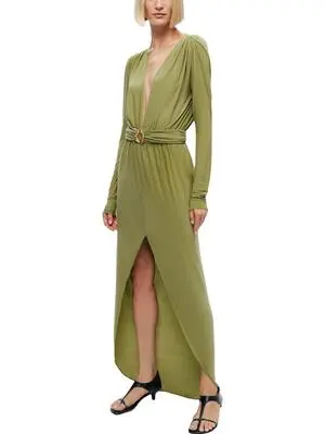 NOCTURNE Belted Jersey Maxi Dress - Olive Green