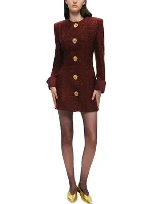 NOCTURNE Bouclé Mini Dress With Gold-tone Buttons - Burgundy