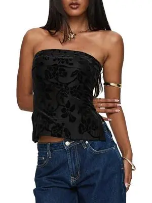 Princess Polly Floral Velvet Strapless Top - Black Floral