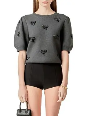 English Factory Embellished Bow Puff Short Sleeve Sweater - Charcoal