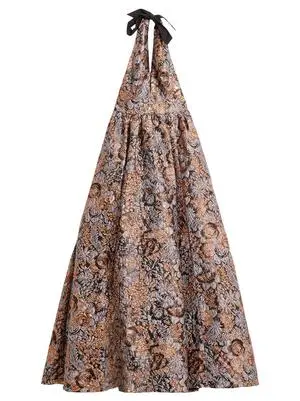 Dress The Population Venus Low-back Halter Floral Jacquard Gown - Bronze Mul