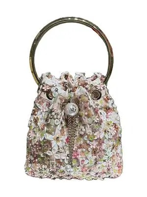 JIMMY CHOO Floral Embroidered Mesh Top Handle Bucket Bag - Rose Multi