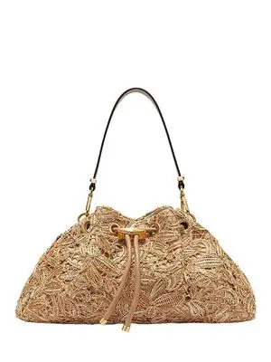 JIMMY CHOO Cinch M Flower Woven Raffia Shoulder Bag - Natural/gold