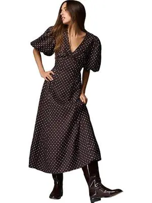 LOVAAN Adele Linen Blend Puff-Sleeve Midi Dress