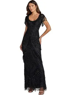 Mac Duggal Cap Sleeve Beaded Fringe Column Gown - Black