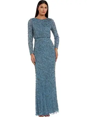 Mac Duggal Long Sleeve Beaded Blouson Gown - Blue