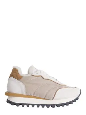 Eleventy Velvet And Leather Sneakers - Beige
