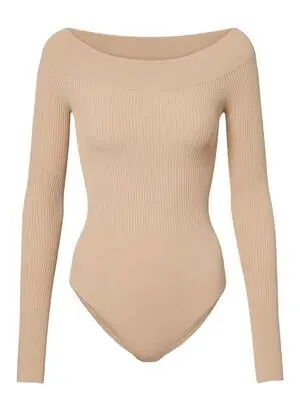 Alaïa Ribbed-knit Off-shoulder Bodysuit - Beige
