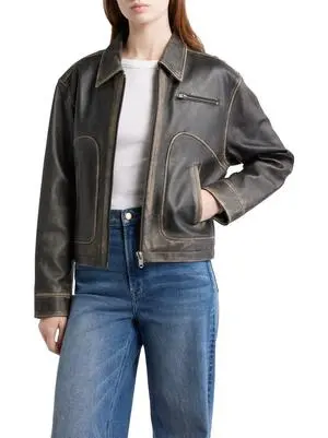 Frye Distressed Leather Bomber Jacket - Black