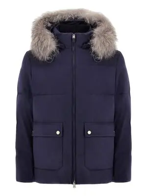 Canali Cashmere Puffer Jacket With Fox Fur Hood - Blue