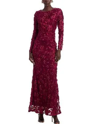 Aqua Long Sleeve 3d Floral Mesh Dress - Garnet