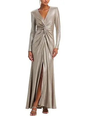 Eliza J Long Sleeve V-neck Mermaid Gown - Taupe