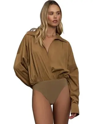 Norma Kamali Oversized Boyfriend Shirt Bodysuit - Camel
