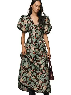 LOVAAN Adele Linen-silk Puff-sleeve Midi Dress - Echo Floral