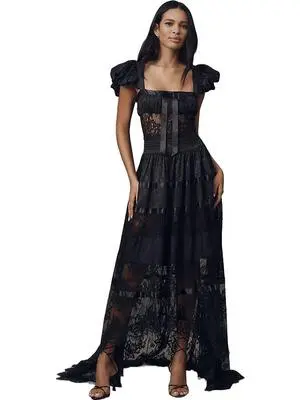 For Love & Lemons Annabelle Puff-sleeve Lace Maxi Dress - Black