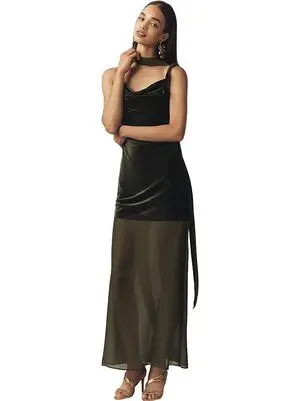 MARE MARE Velvet Scarf-neck Maxi Dress - Olive