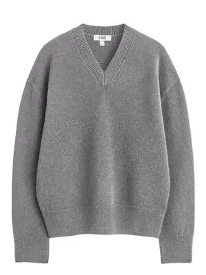 Cos Rounded V-Neck Wool Blend Sweater Gray