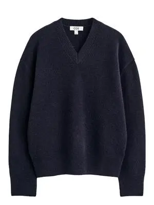 Cos Rounded V-Neck Wool Blend Sweater Navy