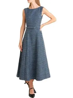 FREEMARKET Sequin Belted Tweed Midi Dress - Light Navy