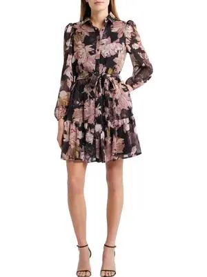 Anne Klein Floral Chiffon Shirt Dress - Anne Black Multi