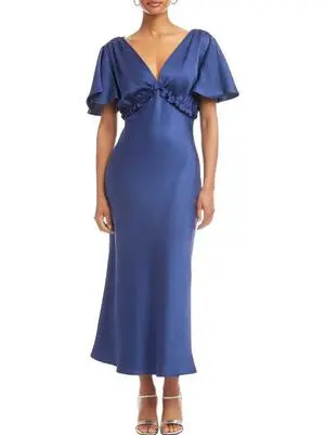 Fifteen Twenty Shailene Satin Flutter Sleeve Midi Dress - Deep Blue