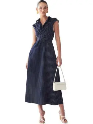WILLA Gaia Midi Dress - Navy Pinstripe