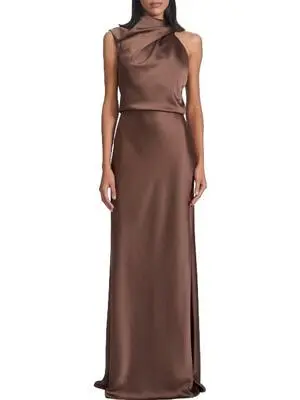 Amsale Satin Draped Neck Gown - Truffle