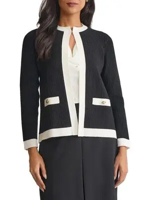 KASPER Ribbed Knit Cardigan With Welt Pockets - Black/vanilla Ice