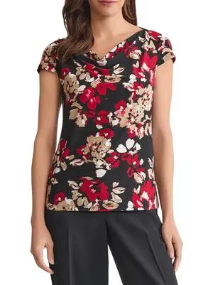 KASPER Floral Cowl Neck Cap Sleeve Top - Black Multi