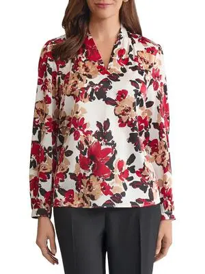 KASPER Floral Print Pleated Shoulder Top - Vanilla Ice Multi