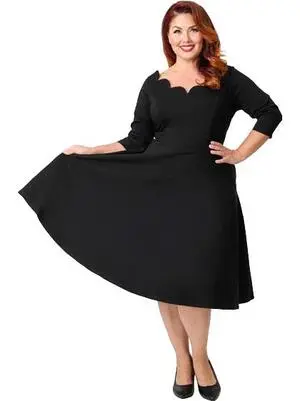 Unique Vintage Scalloped Neck Swing Dress - Black Solid