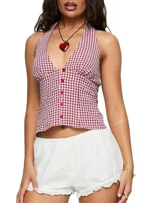 Princess Polly Isolda Check Crop Halter Top Red Check