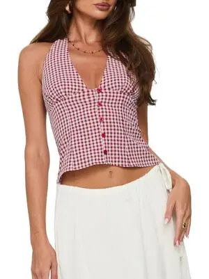 Princess Polly Gingham Button-up Halter Top - Red Gingham