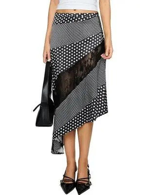 Princess Polly Mixed Polka Dot & Lace Asymmetric Midi Skirt - Black Multi