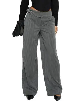 Princess Polly Pinstripe Buckle Waist Wide Leg Pants - Grey Pinstripe