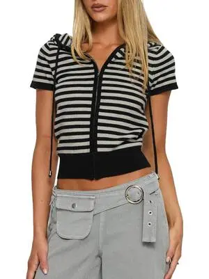 Princess Polly Striped Short Sleeve Zip Hoodie - Grey/black Stripe