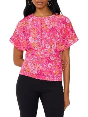 Chaus Floral Print Ruched Knit Top Fuschia/pink/mango
