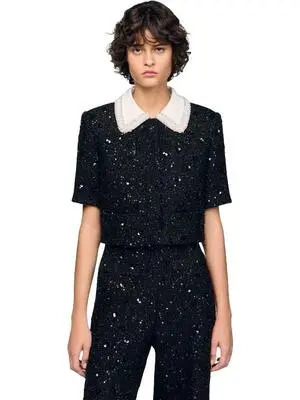 Sandro Rhinestone Collar Tweed Jacket - Black