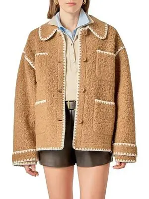English Factory Embroidered Faux Shearling Jacket - Tan