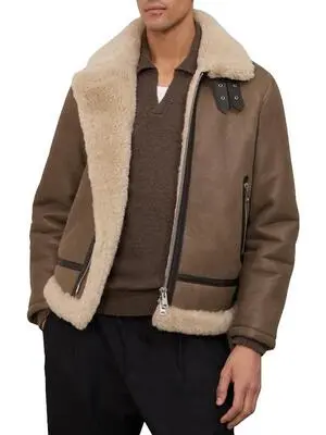 REISS Hardy Genuine Shearling Trim Aviator Jacket - Light Brown