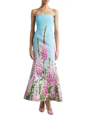 Oscar De La Renta Foxglove Print Strapless Trumpet Gown - Lilac/sky