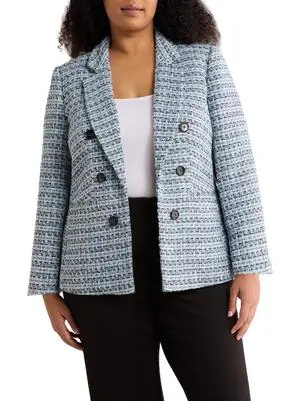 Jones New York Tweed Jacket With Faux Double-breasted Placket - Light Oxford Blue Multi