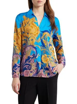 Elie Tahari Floral Stretch Silk Button-up Shirt - Ribbon Scroll Print