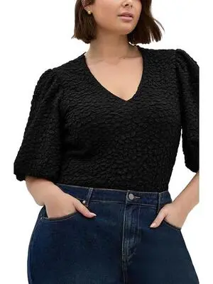 City Chic Texture Puff Sleeve Top - Black