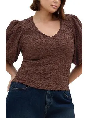 City Chic Texture Puff Sleeve Top - Chocolate