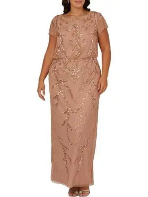 Adrianna Papell Beaded Mesh Blouson Gown - Rose Gold