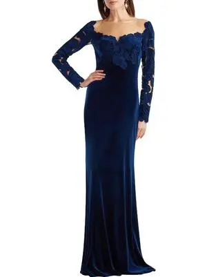 Tadashi Shoji Appliqué Illusion Stretch Velvet Mermaid Gown - Navy