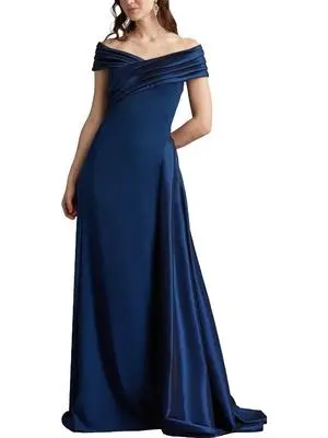 Tadashi Shoji Off-the-shoulder Crepe And Taffeta Gown - Navy