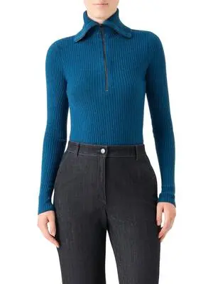 Akris Virgin Merino Wool Half Zip Turtleneck Sweater - Teal